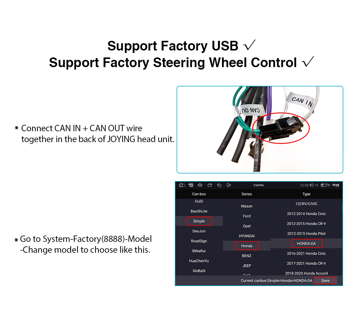 Joying 2016-2021 Honda CIVIC CRV Canbus Harness supports factory AMP