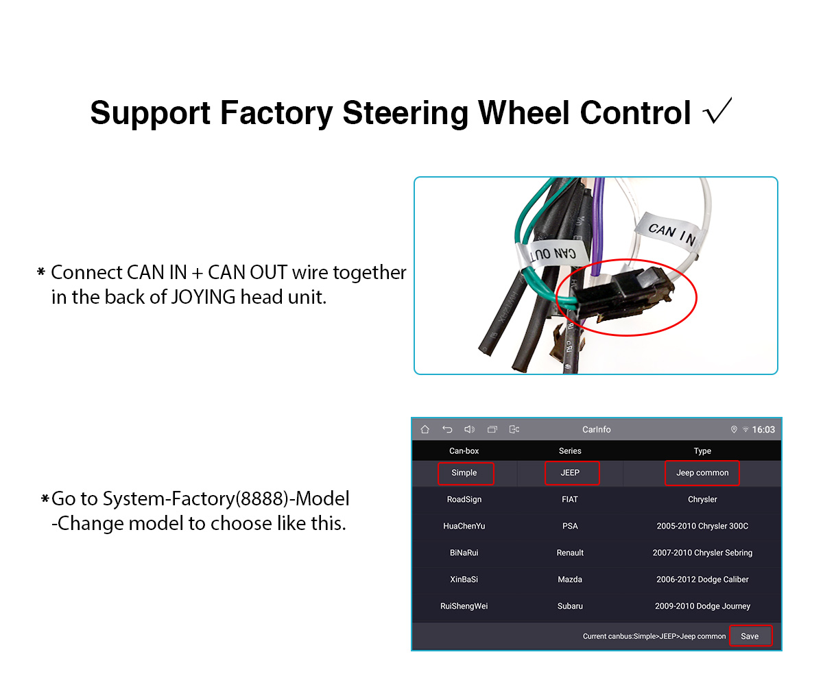 Joying Jeep Special Android Autoradio Harness Cable with Canbus Decoder