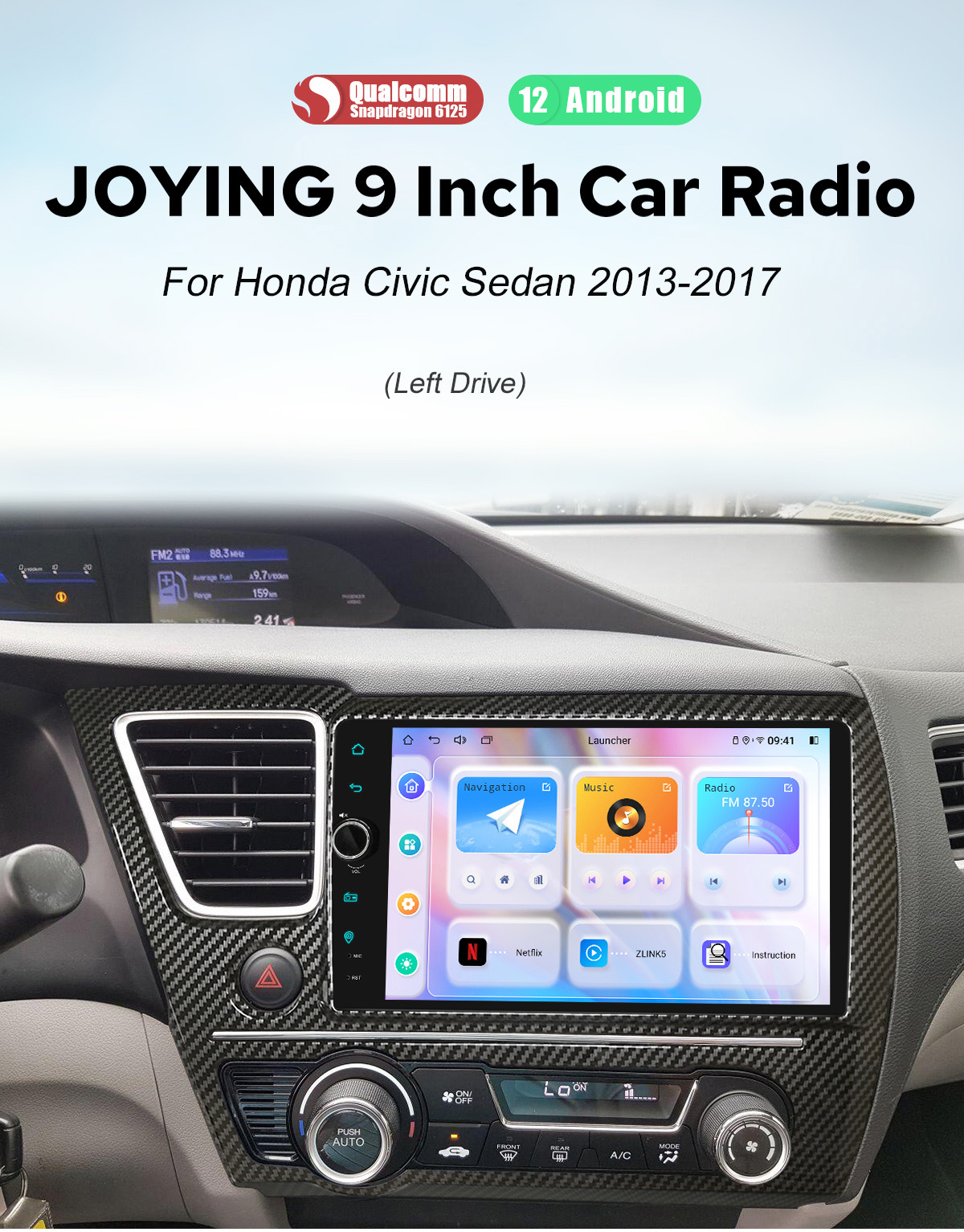 Joying 9 Inch Honda Civic Sedan 2013-2017 Plug-And-Play Head Unit